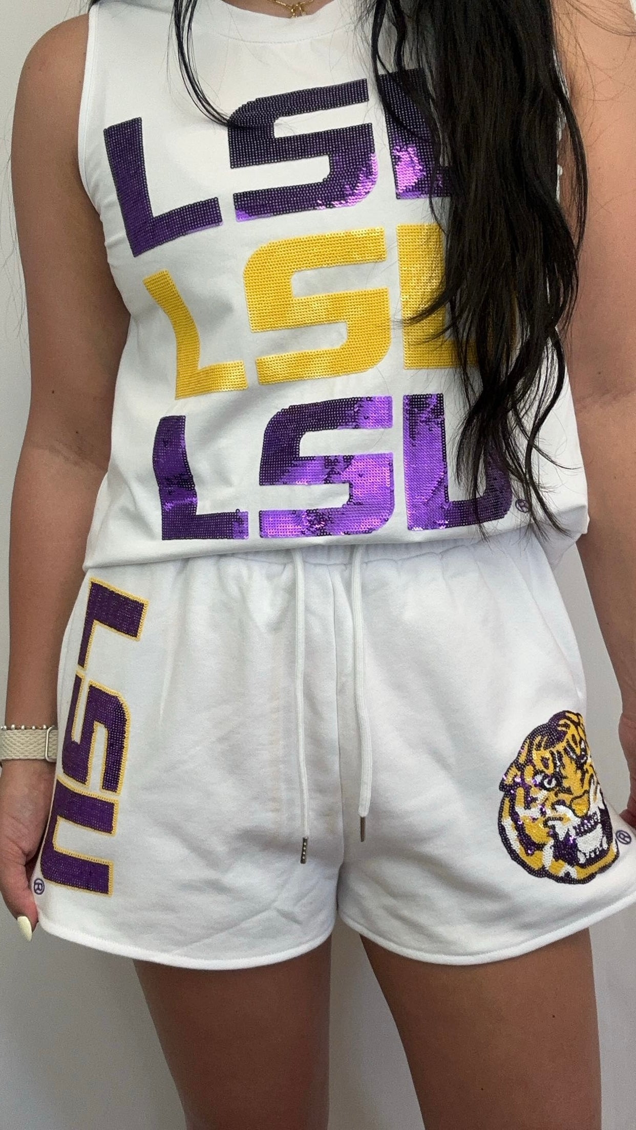 LSU TIGERS Jogger Shorts (Licensed) | Women's Sequin Design Shorts (Wh – Bomb Designs