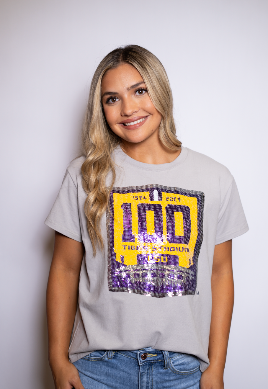 LSU 100 Years Tiger Stadium (Licensed) | Women's Sequin Design Tee (Gr ...