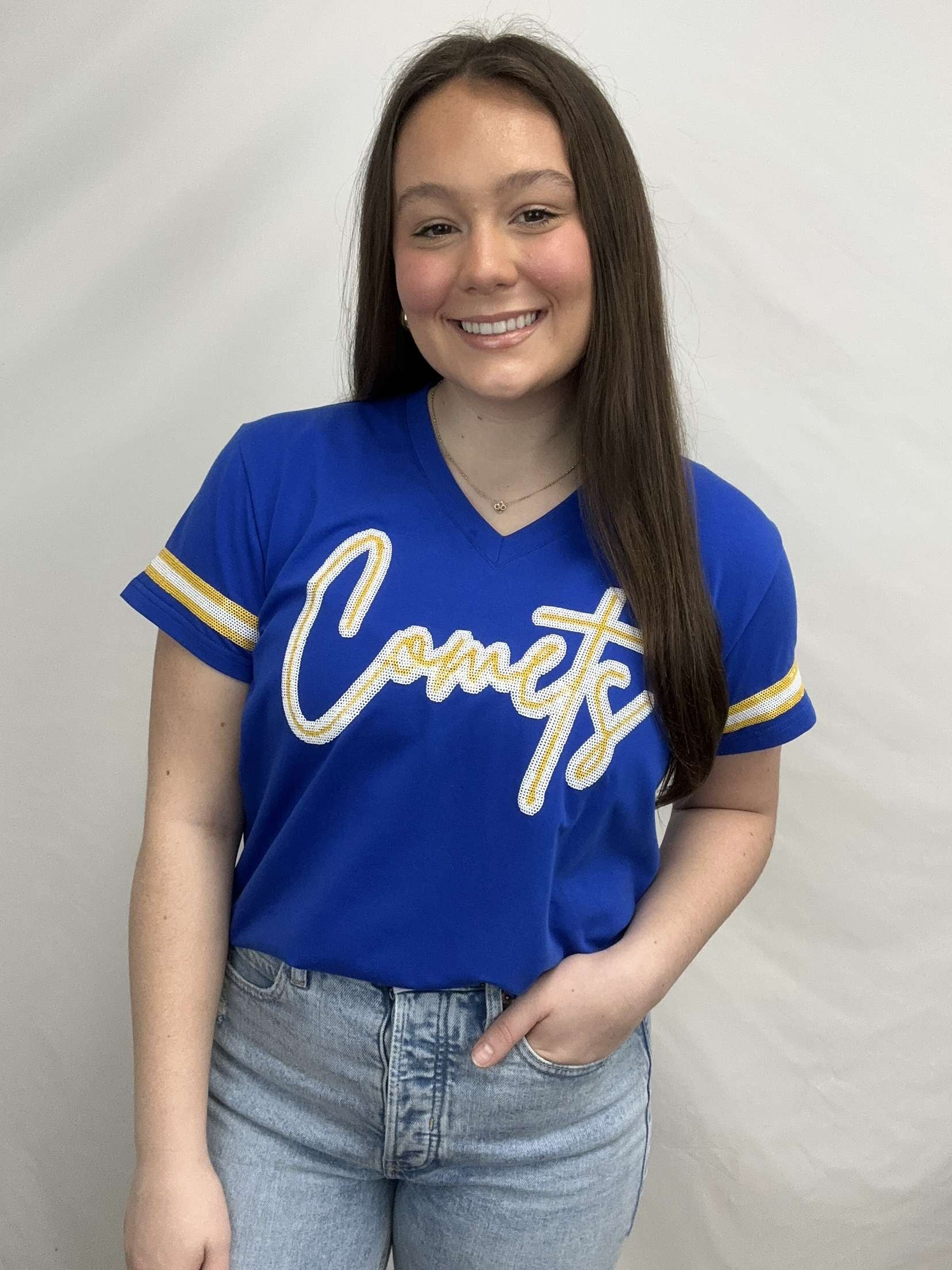 Comets | Women's Sequin Design V-Neck Tee (Royal Blue) – Bomb Designs