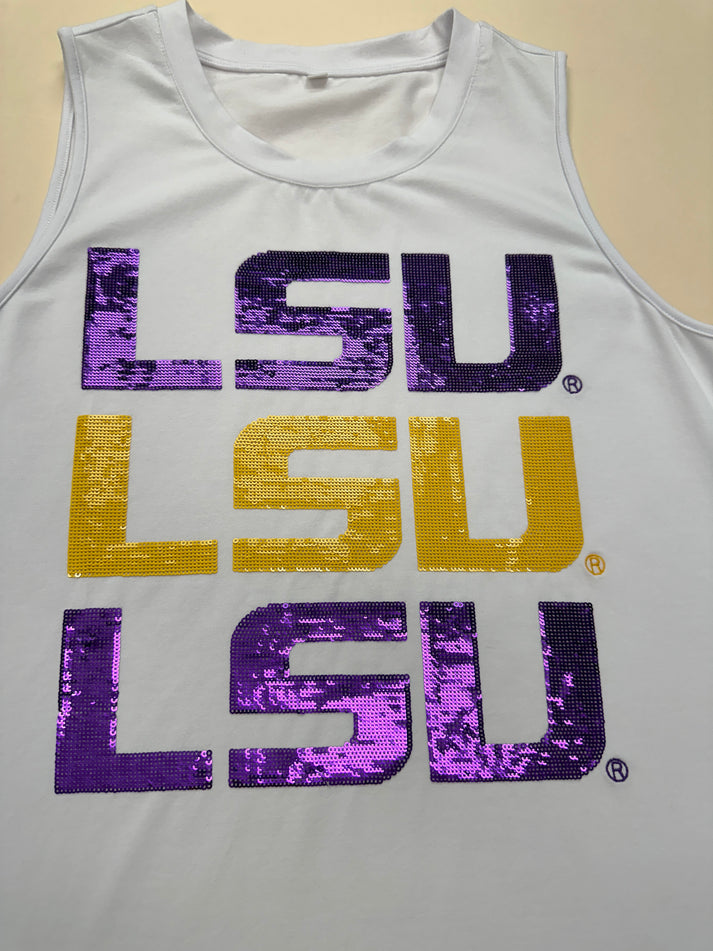 LSU Triple Block Logo (Licensed) | Women's Sequin Design Tank (White ...