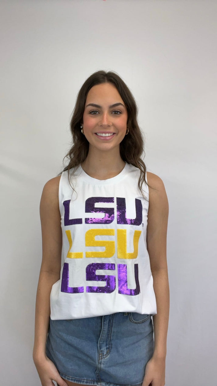 LSU Triple Block Logo (Licensed) | Women's Sequin Design Tank (White) – Bomb Designs