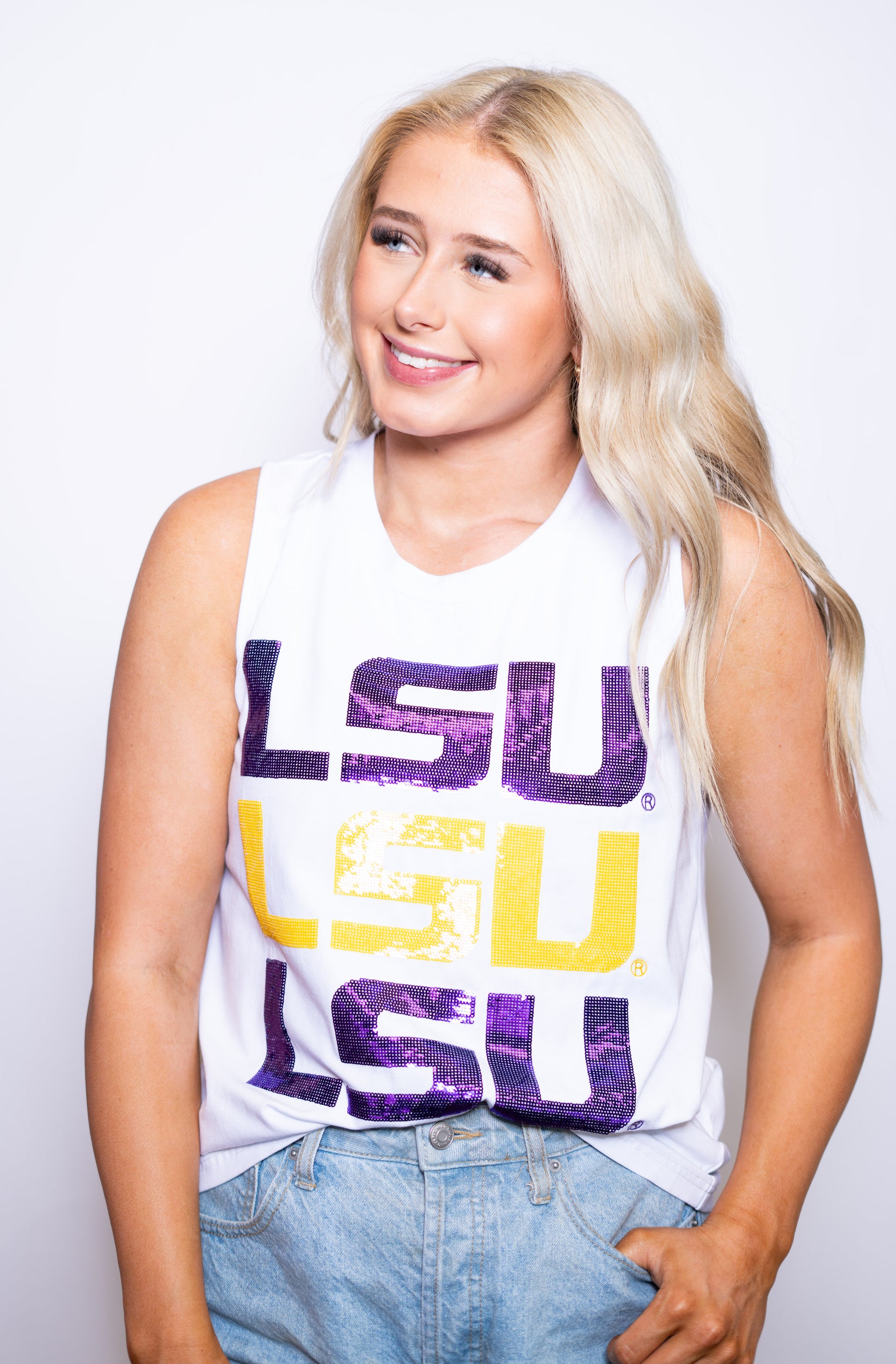 LSU Triple Block Logo (Licensed) | Women's Sequin Design Tank (White ...