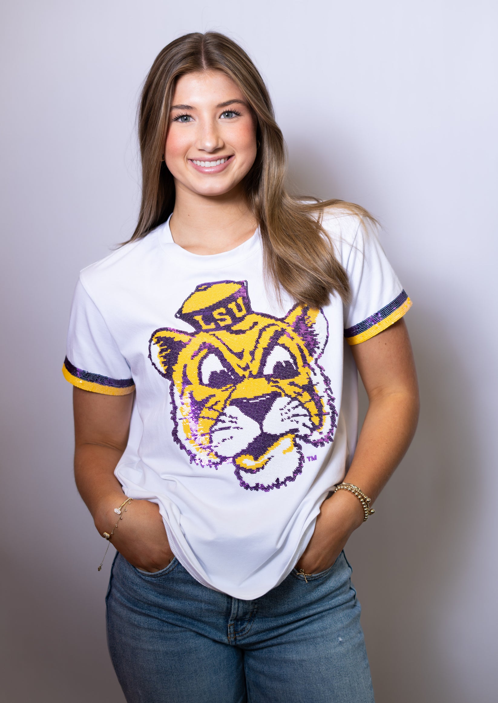 LSU VINTAGE TIGER (Licensed) | Women's Sequin Design Tee (White) – Bomb Designs