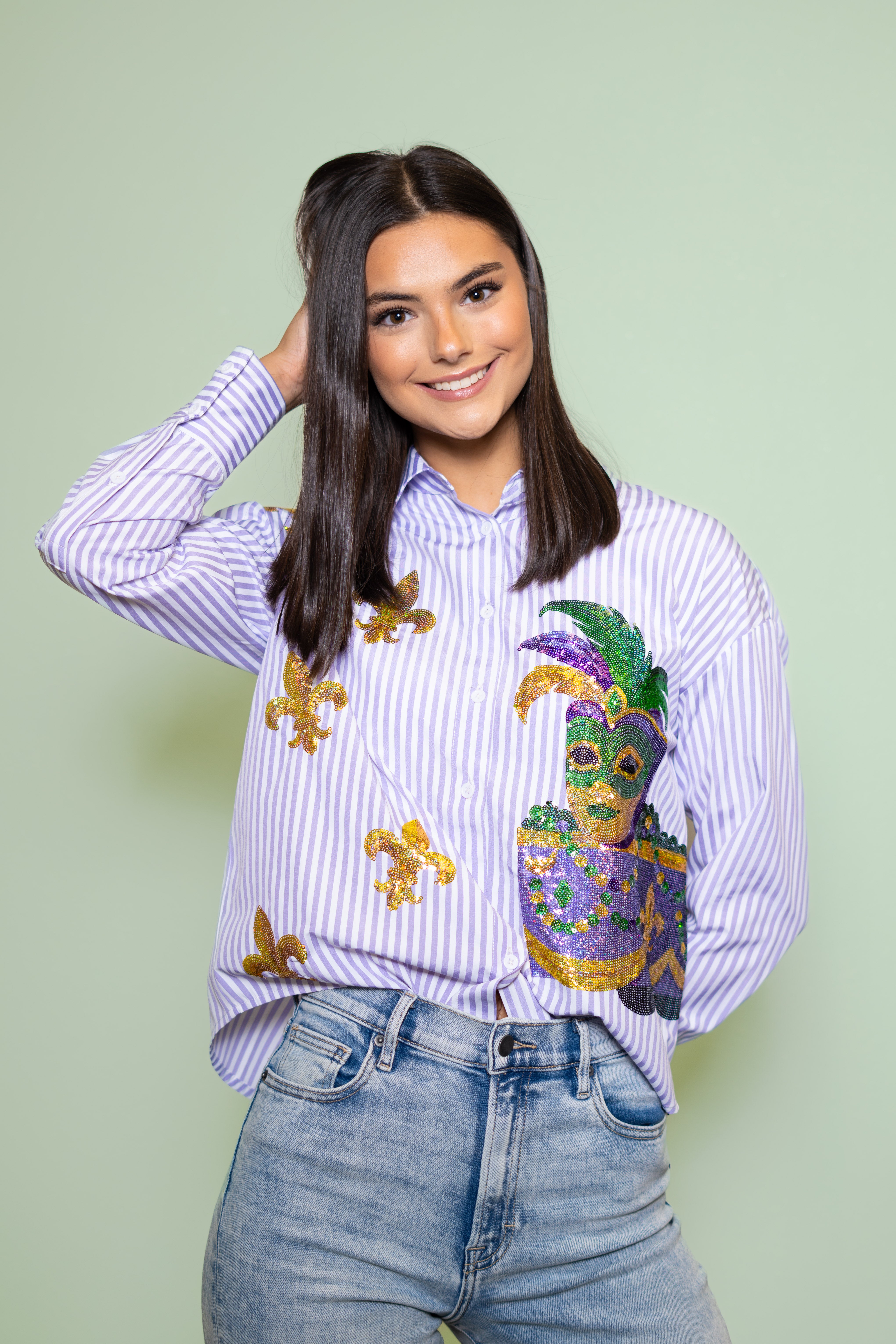 Mardi Gras Float Wrap-Around | Women's Striped Button Down Sequin Shir ...