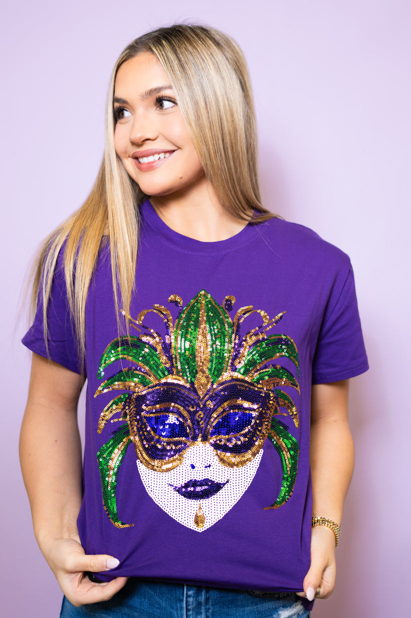 Mardi Gras Mask | Women's Sequin Design Tee (Purple) – Bomb Designs