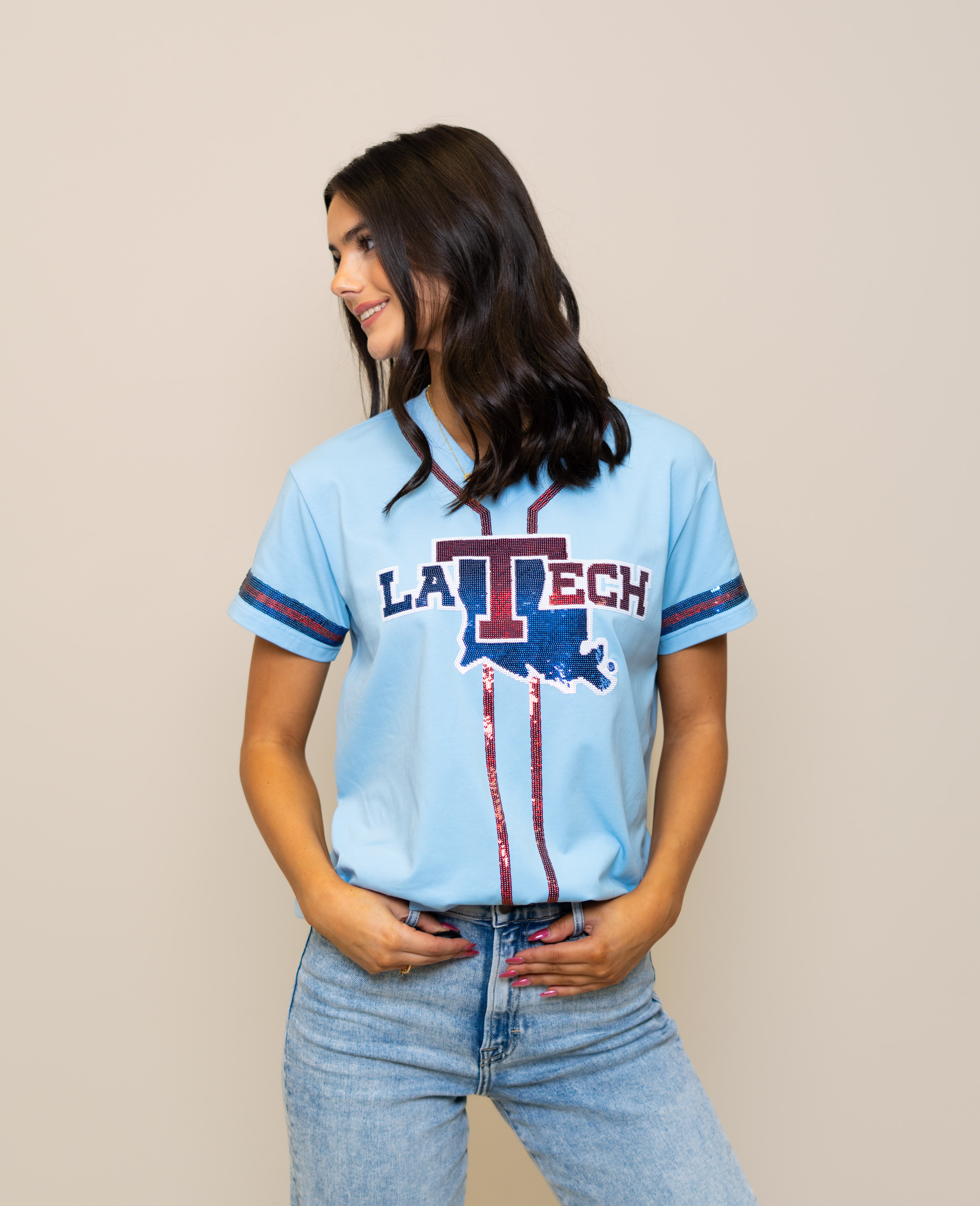LA Tech (Licensed) | Women's Sequin Embroidery Baseball Jersey Tee (Bl ...