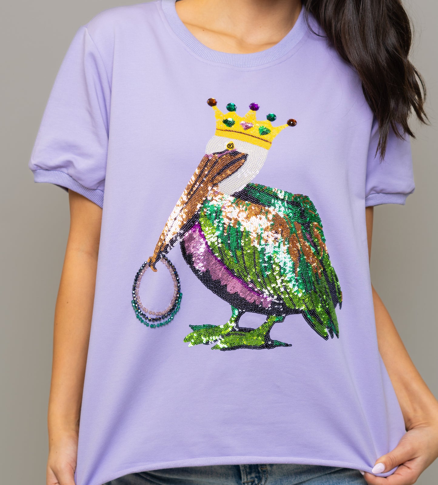 Mardi Gras Pelican | Women's Sequin Design Raw Hem Top (Lavender ...
