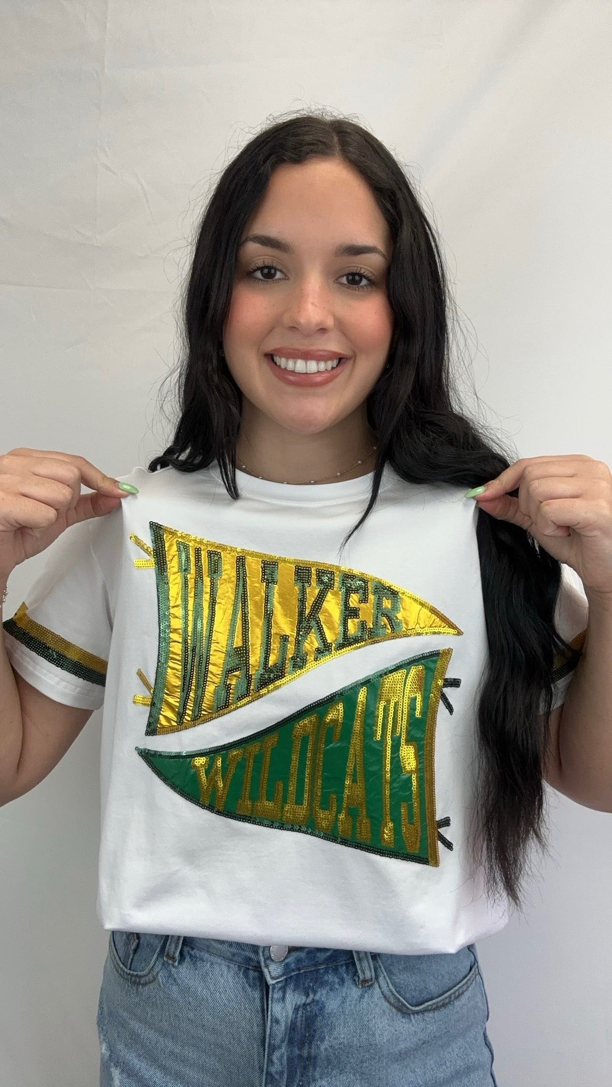 Walker Wildcats Pennant | Women's Sequin Design Tee (White) – Bomb Designs